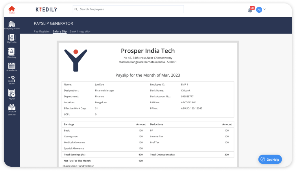 Unlimited Payslip Downloads | Free Payslip generator | Kredily